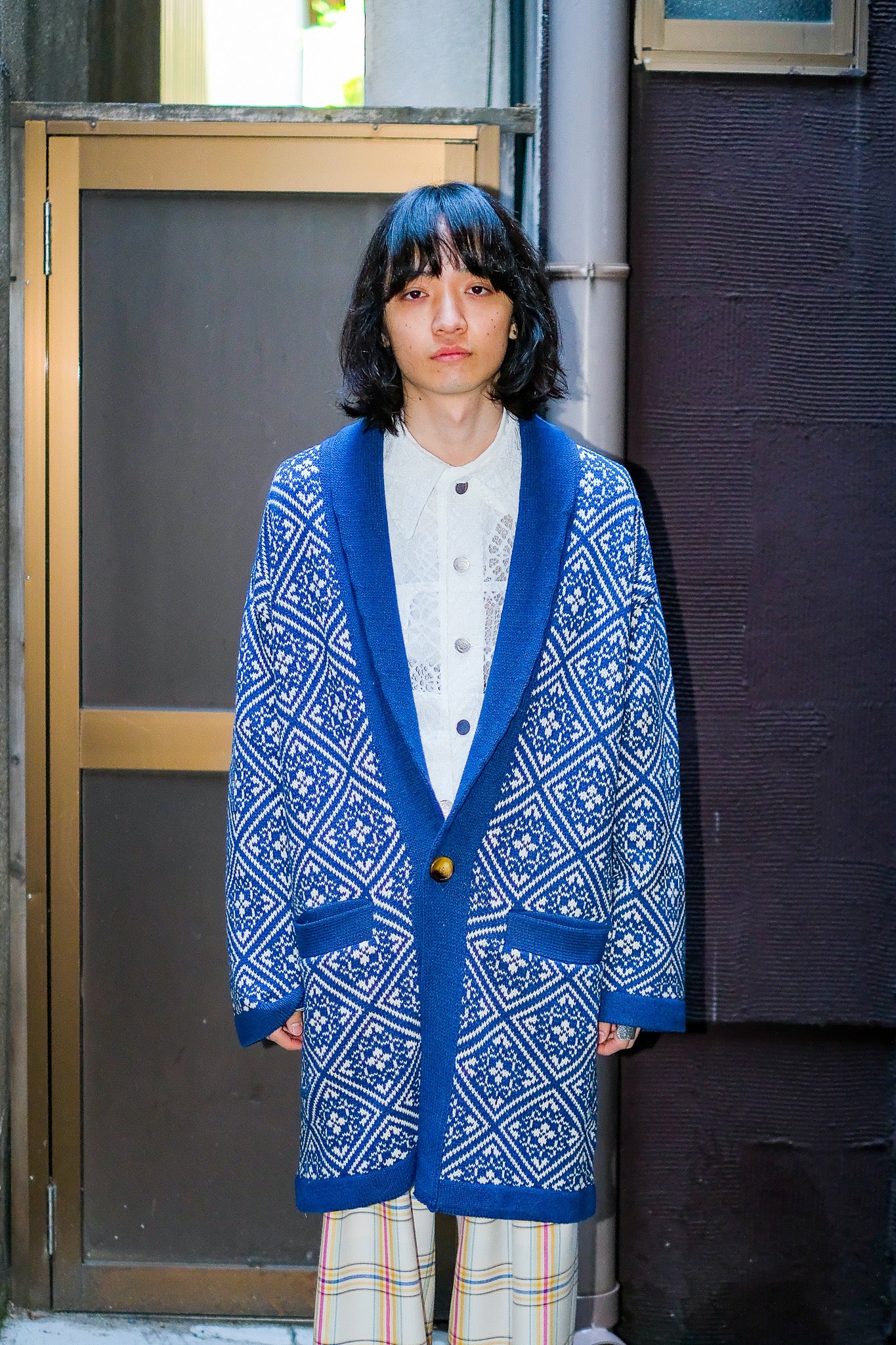 Taiga Igari(タイガ イガリ)のTile Knit Gown Coat BLUE OFF WHITEの通販｜PALETTE art ...